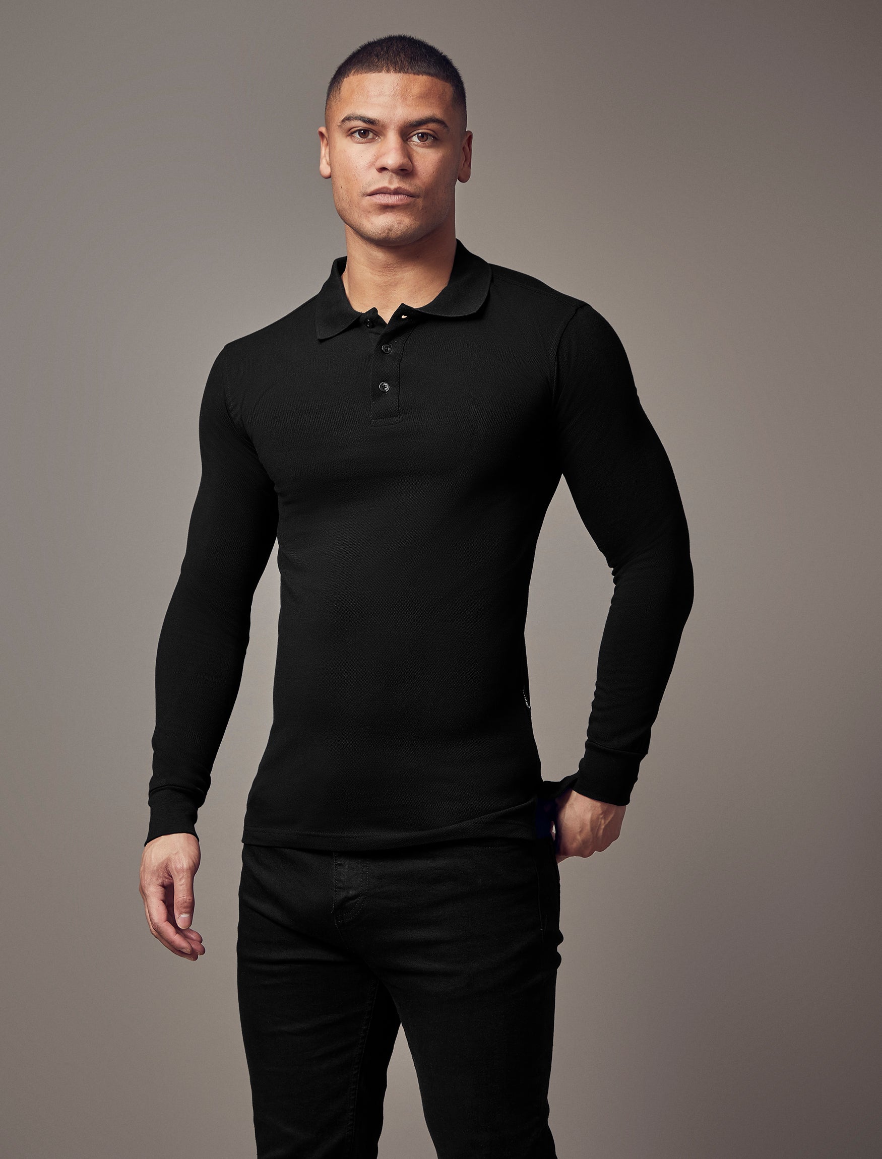 Black Tapered Fitted Long Sleeve Polo Shirt | Tapered Menswear